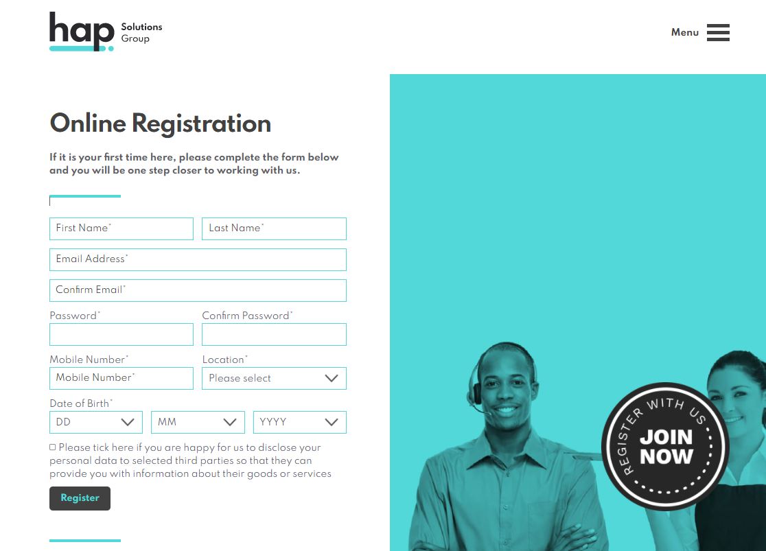 Step 1: Registering with hap Solutions Group. – HAP Recruitment